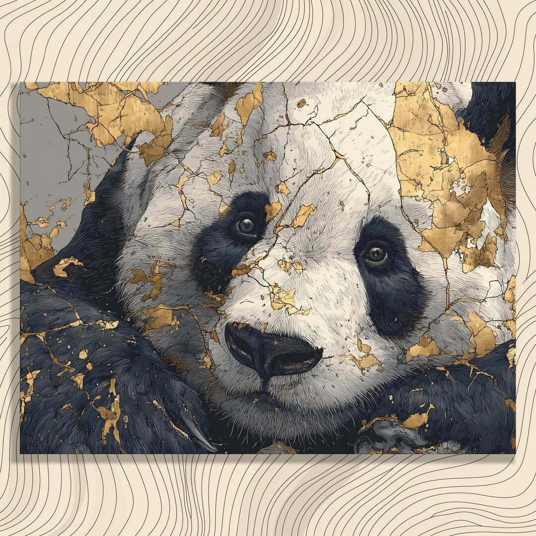 Panda Kintsugi Modern Canvas Wall Art - Giant Panda Portrait With Gold ...