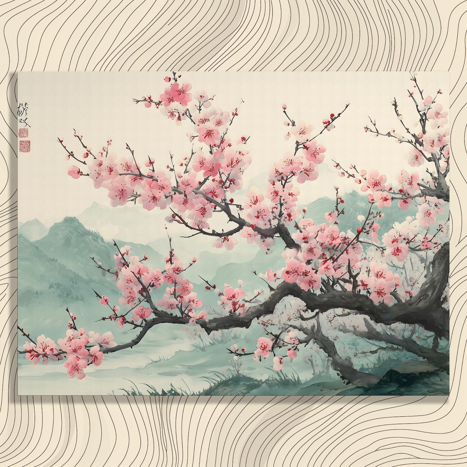 Chinese Cherry Blossom Canvas Wall Art – Pink Flower Branch Print ...