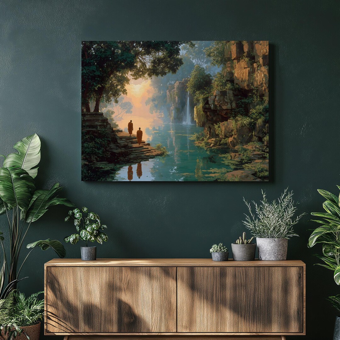 Serene Waterfall Monks Canvas Wall Art – Sunrise Forest Lake Reflection ...
