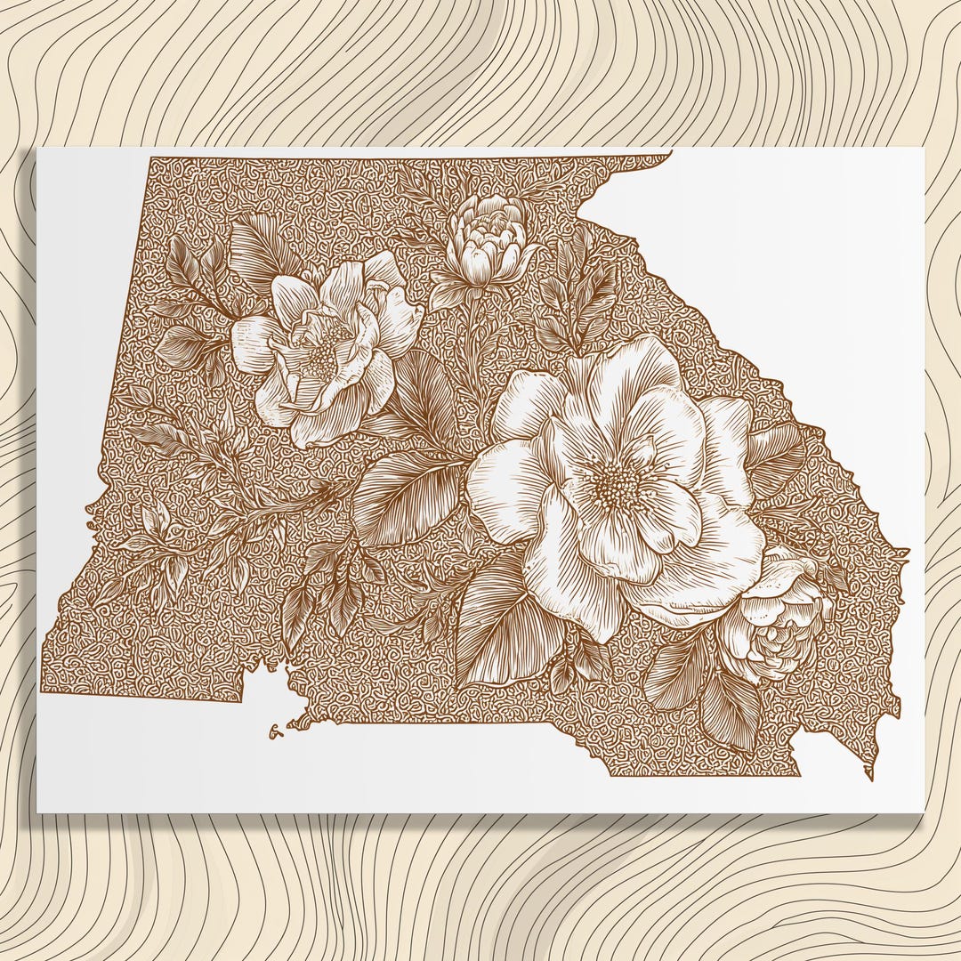 Alabama Floral Map Canvas Wall Art - Vintage Botanical State Outline ...