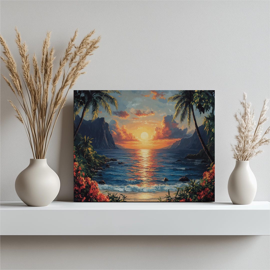Luau Wall Art Canvas Painting - Hula Dancers at Tropical Sunset Beach ...