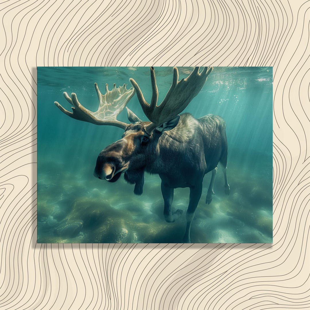 Moose Canvas Wall Art, Underwater Swimming Full Body Shot in Blue Sea, Relaxing Art Decor for ...