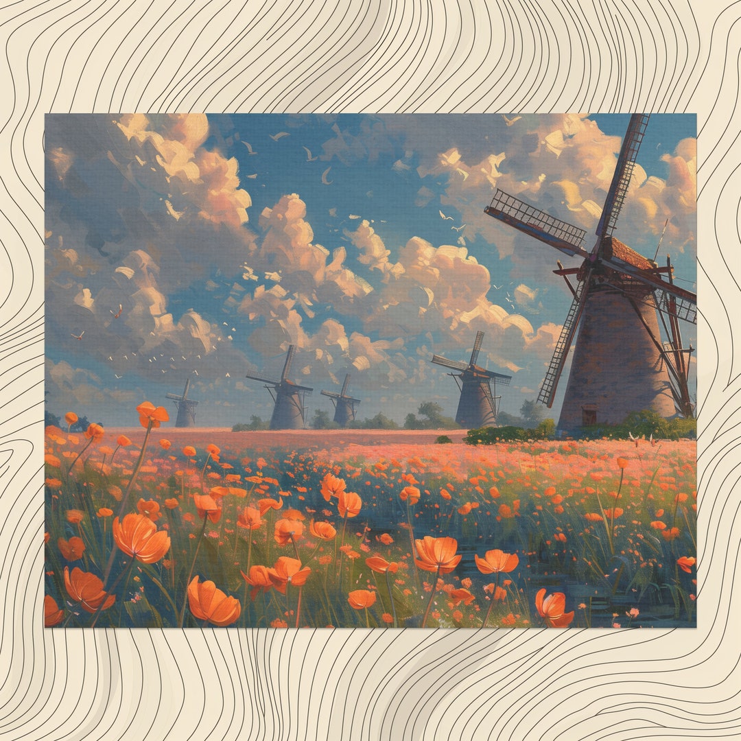 Netherlands Canvas Wall Art, Stunning Oil Painting of Dutch Windmills ...
