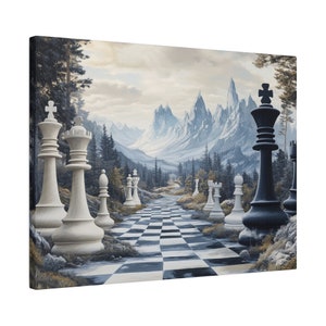 Fantasy Chess Pieces Canvas Wall Art, Giant Chess Landscapes and Black ...