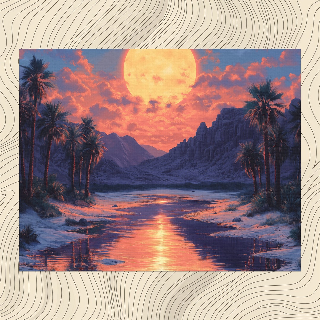 Oasis Canvas Wall Art Lush Desert Scenery Spring With Palms Trees Blue ...