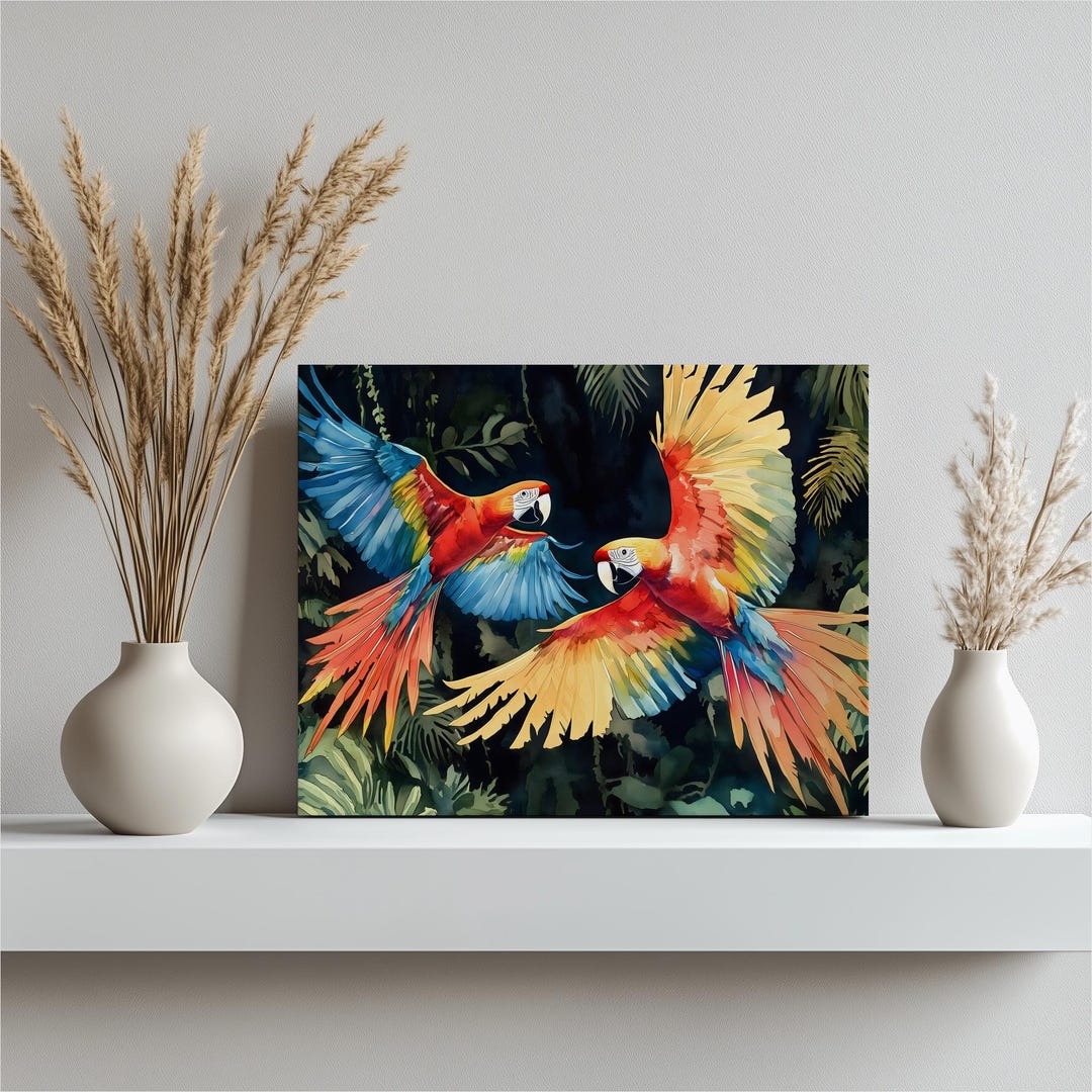 Scarlet Macaws Canvas Wall Art – Vibrant Rainforest Parrots Watercolor ...