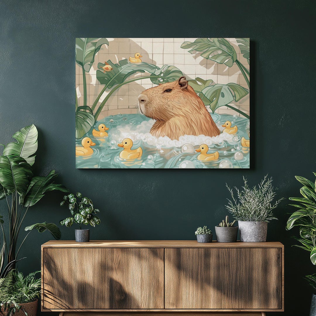 Capybara Canvas Wall Art for Bathroom, Rodent Illustration With Rubber ...