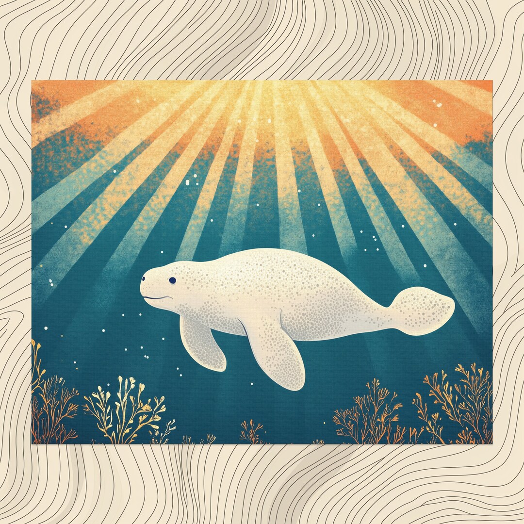 Manatee Canvas Wall Art, Ocean Decor Coral Reef Print Golden Rays Sea ...