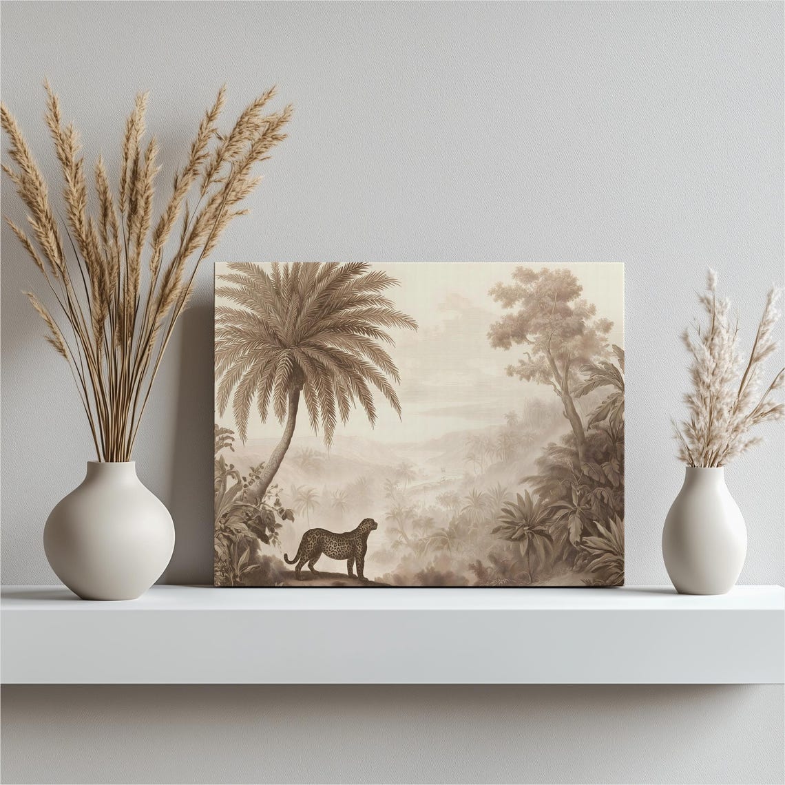 Tropical Jungle Leopard Canvas Wall Art – Vintage Sepia Engraving ...
