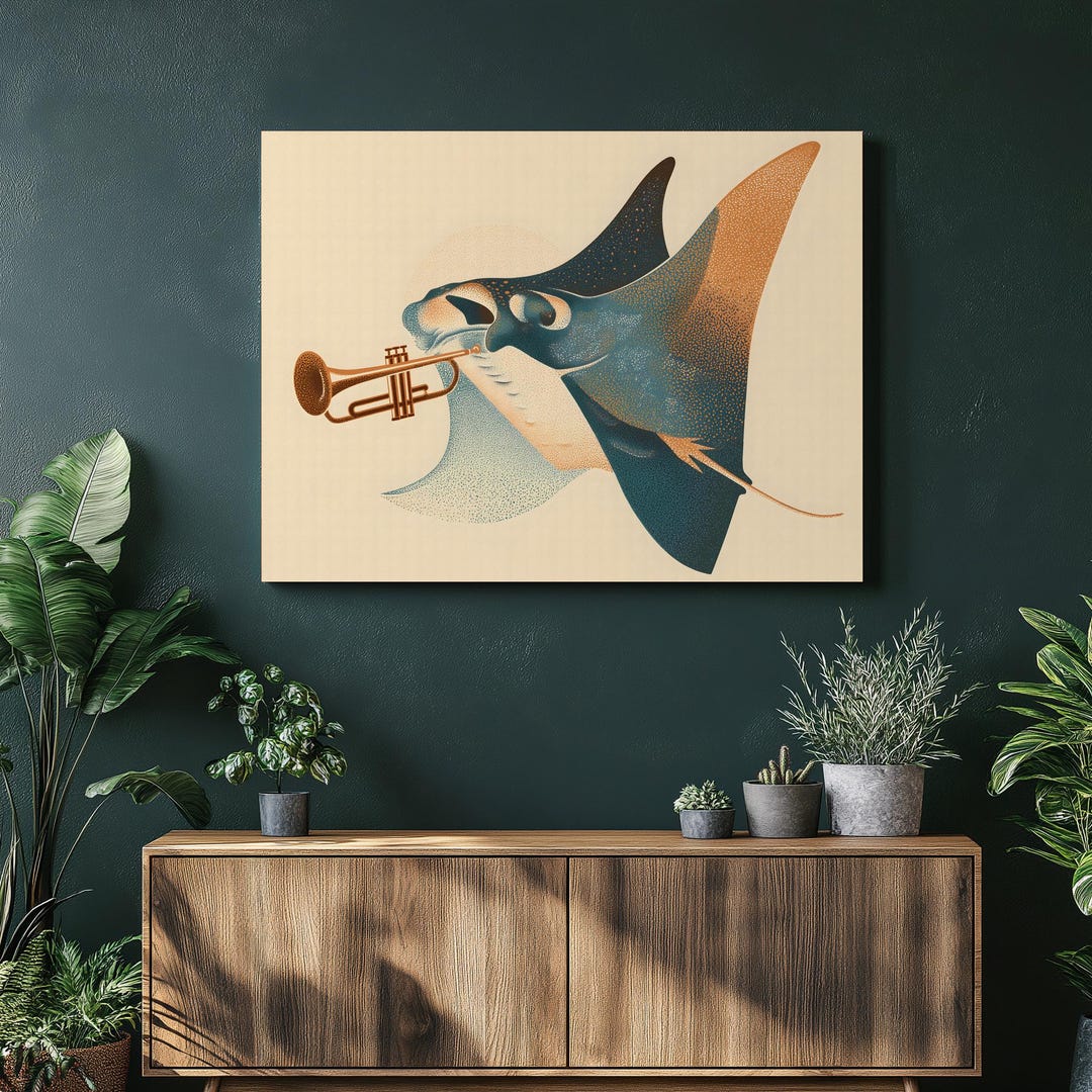 Manta Ray Trumpet Canvas Wall Art - Modern Marine Life Ocean Decor ...