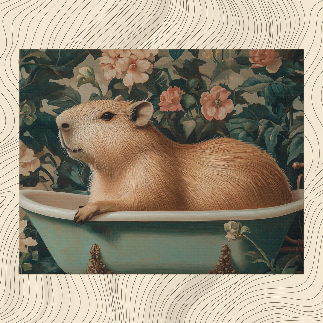 Capybara Canvas Wall Art, Lush Bathing Scene With Vintage Decor and ...