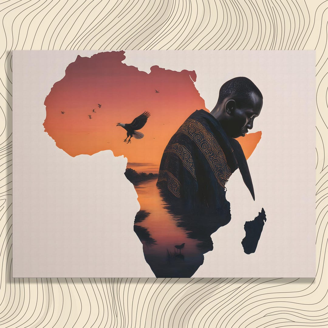 African Silhouette Sunset Canvas Wall Art - Africa Map Portrait With ...