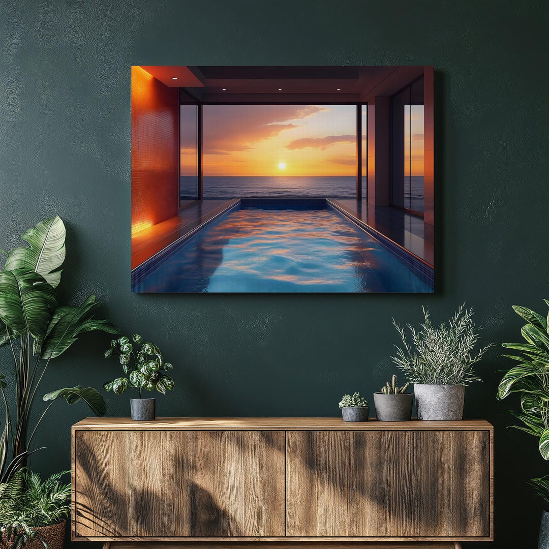 Indoor Pool Sunset Canvas Wall Art - Modern Coastal View Through Glass ...
