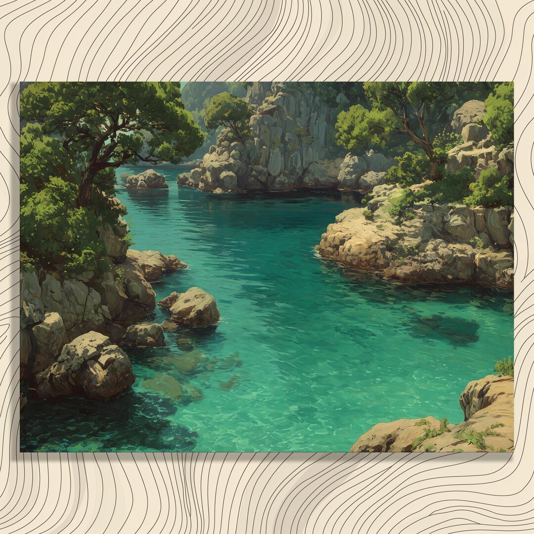 Colorful Coastal Cove Canvas Wall Art – Turquoise Seascape Print ...