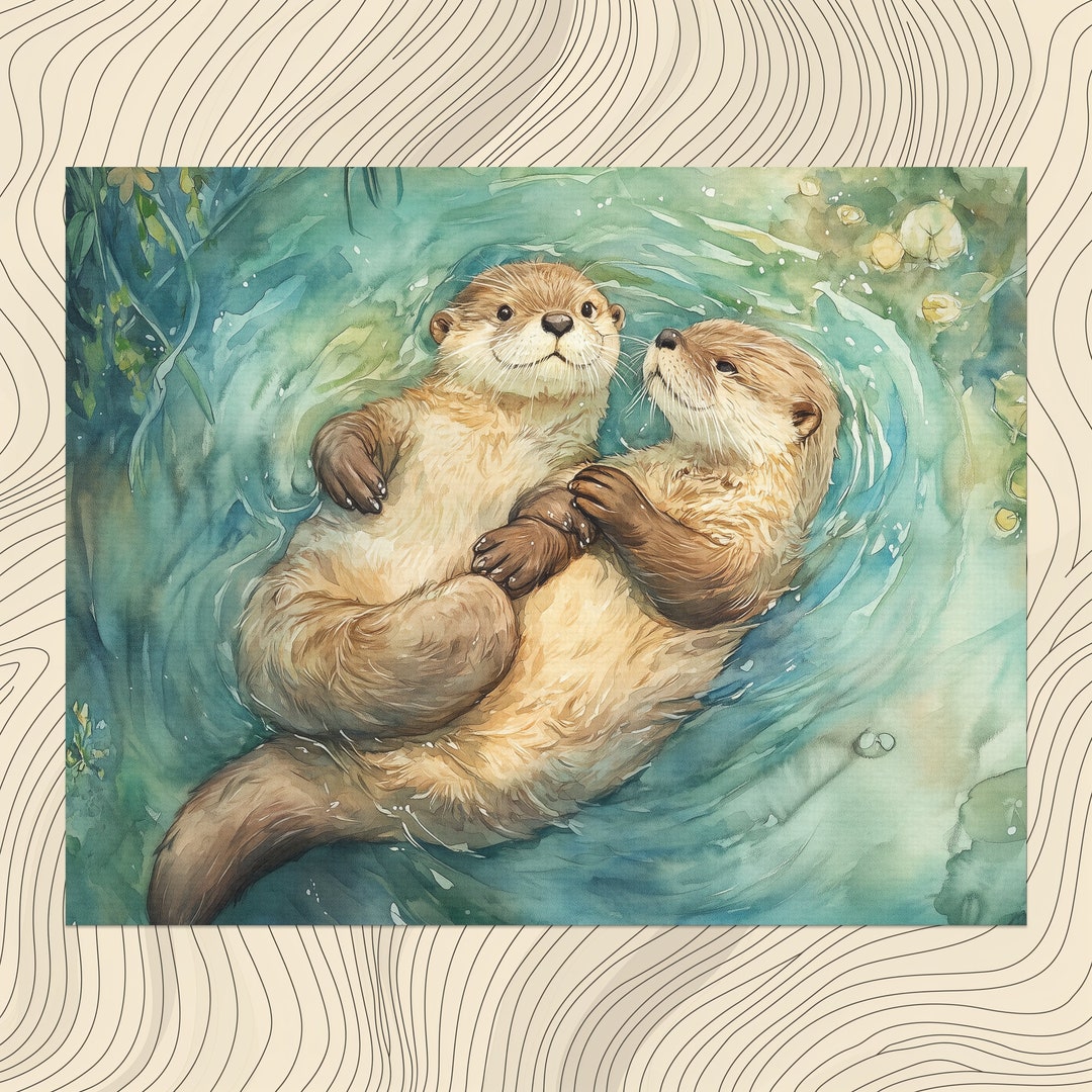 Otter Canvas Wall Art, Cute Otter Family Painting Floating in Stream ...