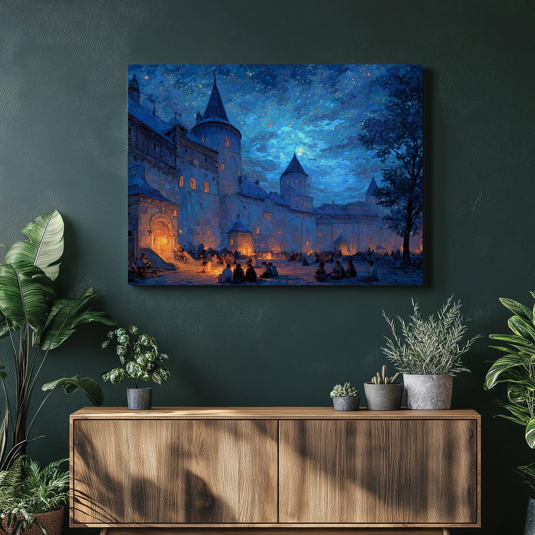 Castle Canvas Wall Art – Medieval Castle Fortress Print Starry Night ...