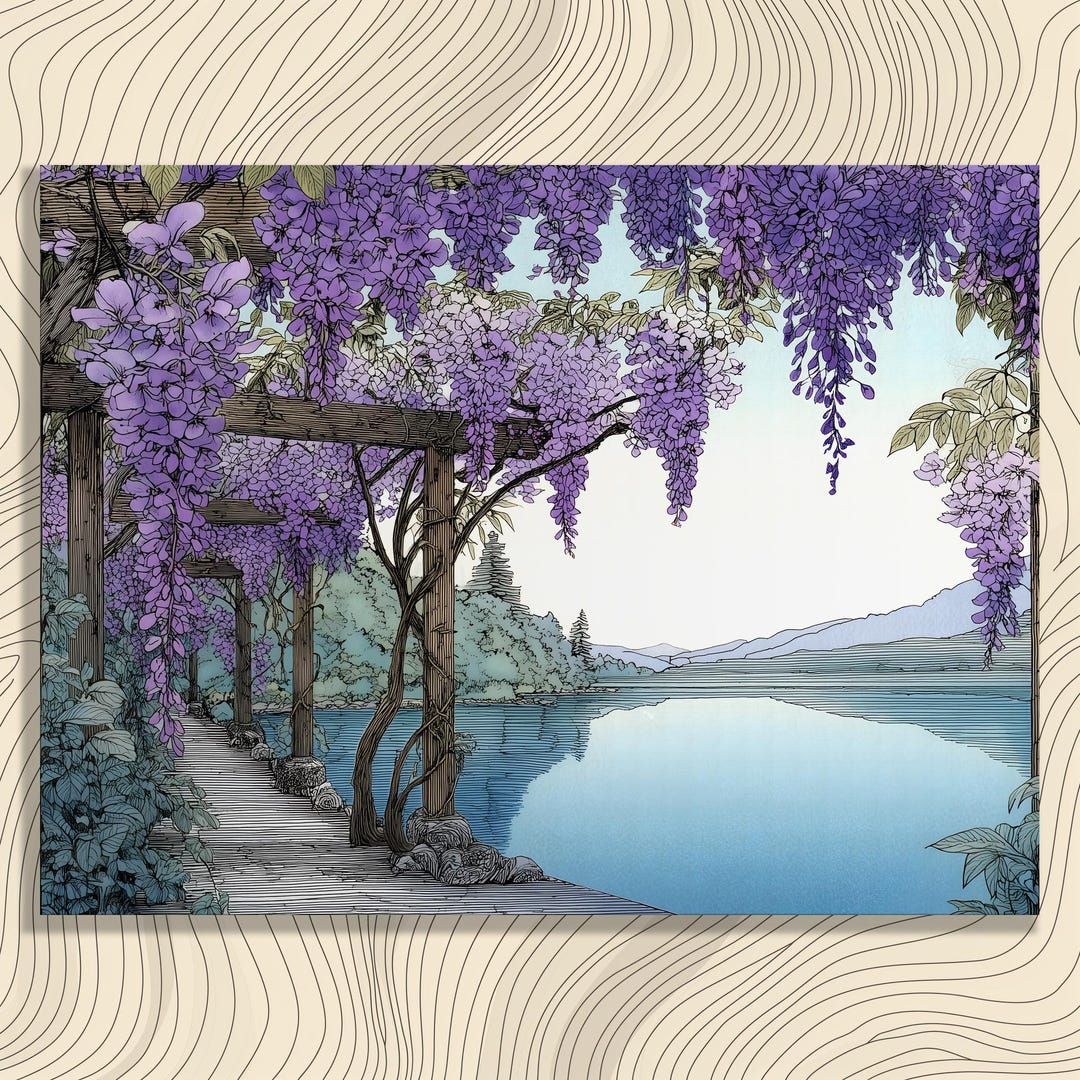 Wisteria Pergola Lakeside Canvas Wall Art – Watercolor Landscape ...