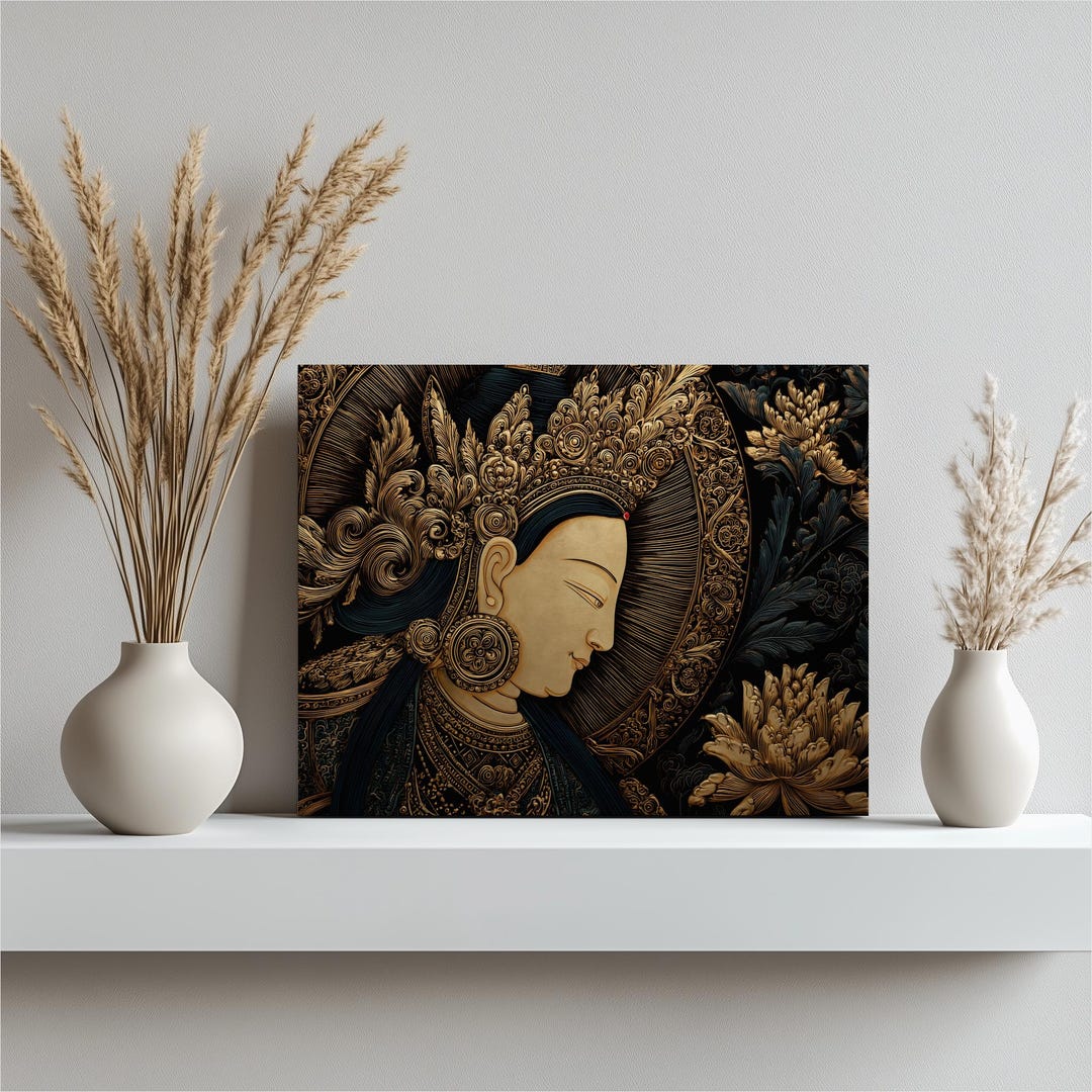 Serene Goddess Canvas Wall Art – Dark Gold Floral Mandala With Lotus ...