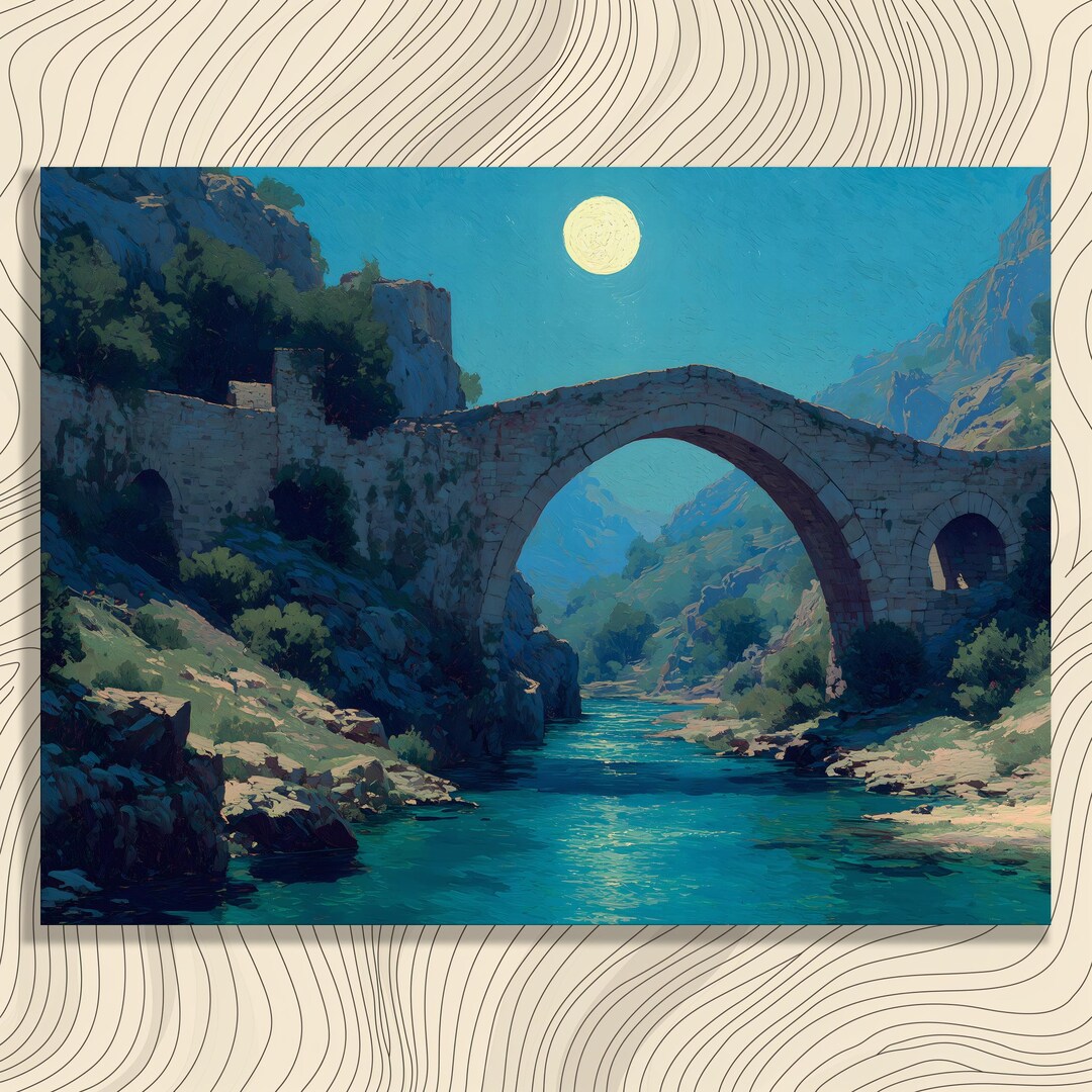 Stone Arch Bridge Canvas Wall Art – Colorful Mountain Landscape With ...