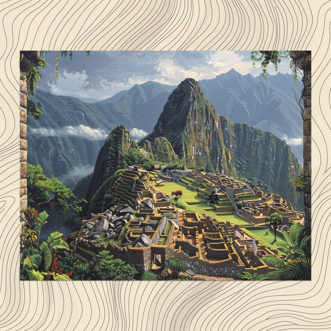 Machu Picchu Canvas Wall Art, Ancient Terraces, Llamas, Misty Mountains ...