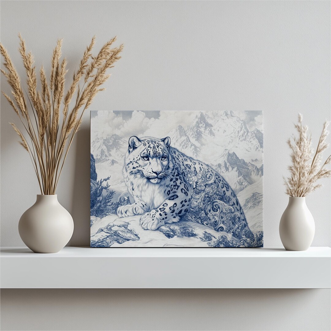 Majestic Snow Leopard Canvas Wall Art With Mountain Landscape and ...