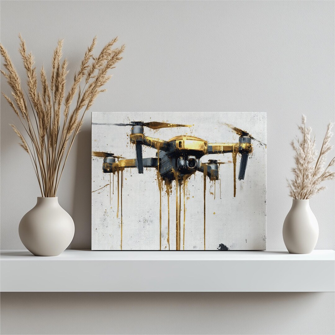 Buy Modern Drone Canvas Wall Art – Futuristic Quadcopter Print Gold ...