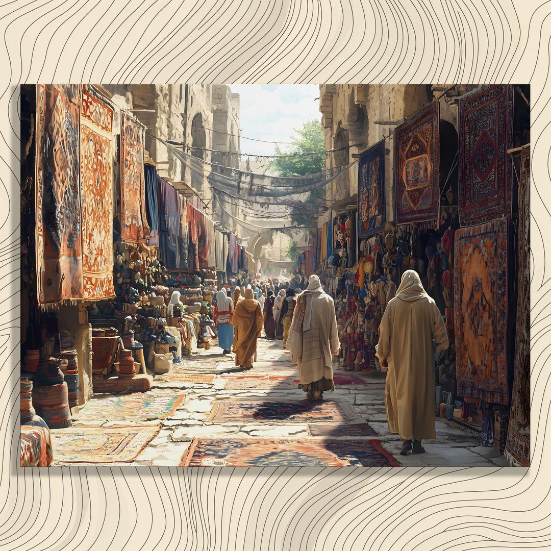 Vibrant Bazaar Market Canvas Wall Art - Colorful Vintage Textile Scene ...