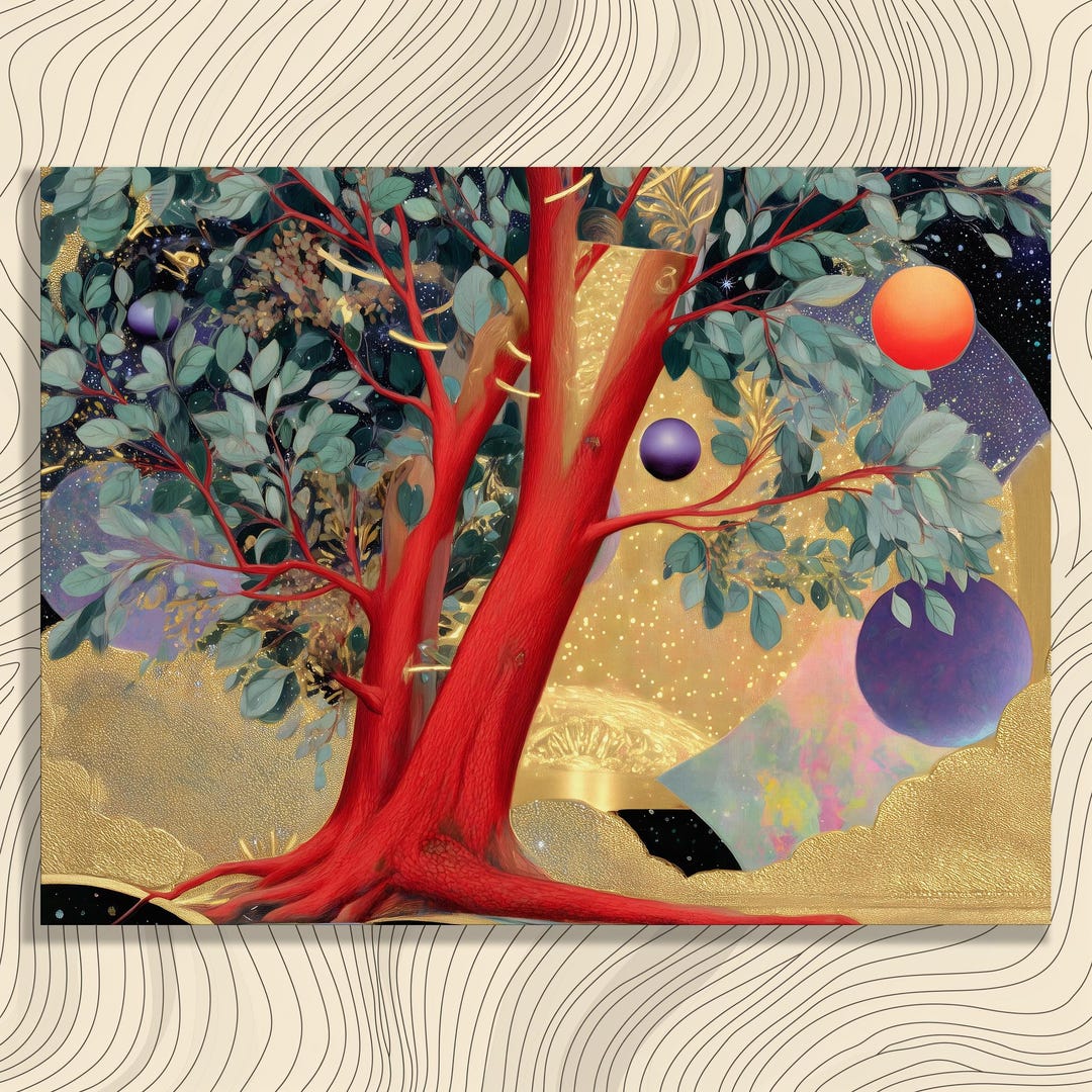 Cosmic Tree Canvas Wall Art - Red Trunk Fantasy Landscape With Planets ...