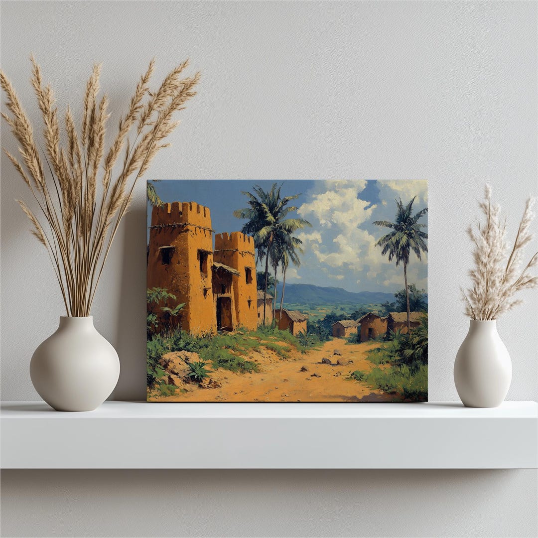 Togo Village Art, Mud Houses Landscape Artwork, Palm Tree Painting ...