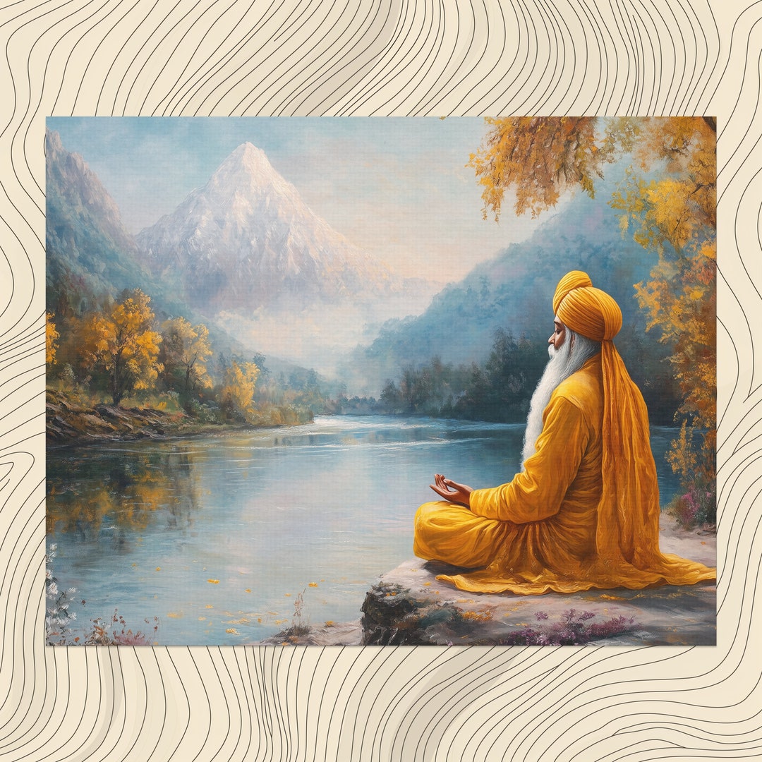 Guru Nanak Canvas Wall Art Meditating by a River, Spiritual Meditation ...