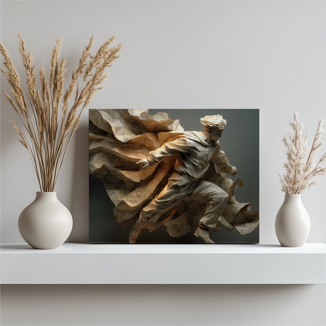 Origami Paper Figure Canvas Wall Art - Surreal Runner in Motion With ...