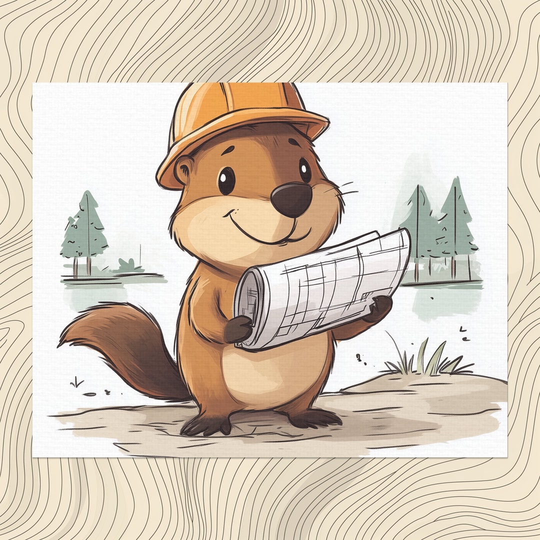 Beaver in Construction Canvas Wall Art, Cheerful Beaver Holding ...