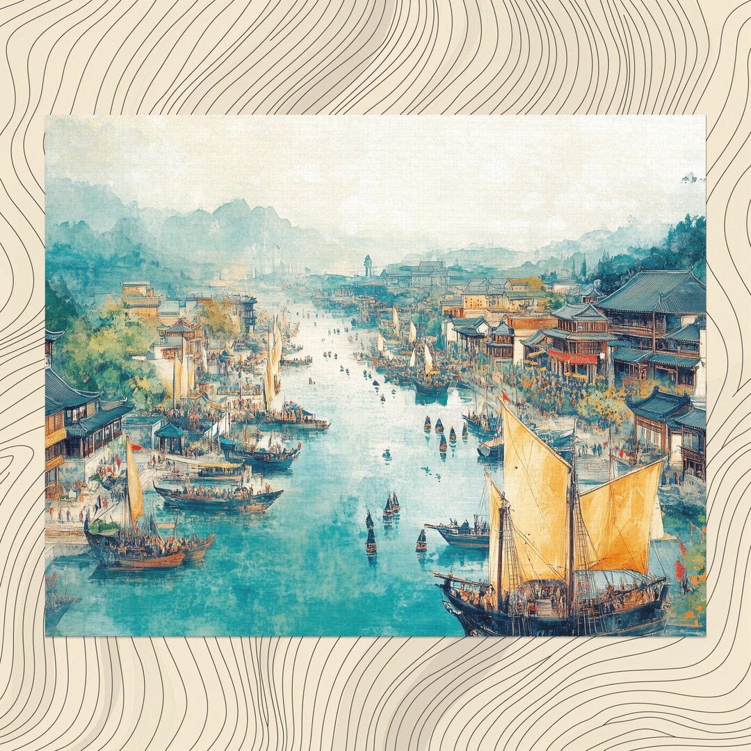 Harbor Canvas Wall Art, Traditional Ming Dynasty Scene With Ships and ...