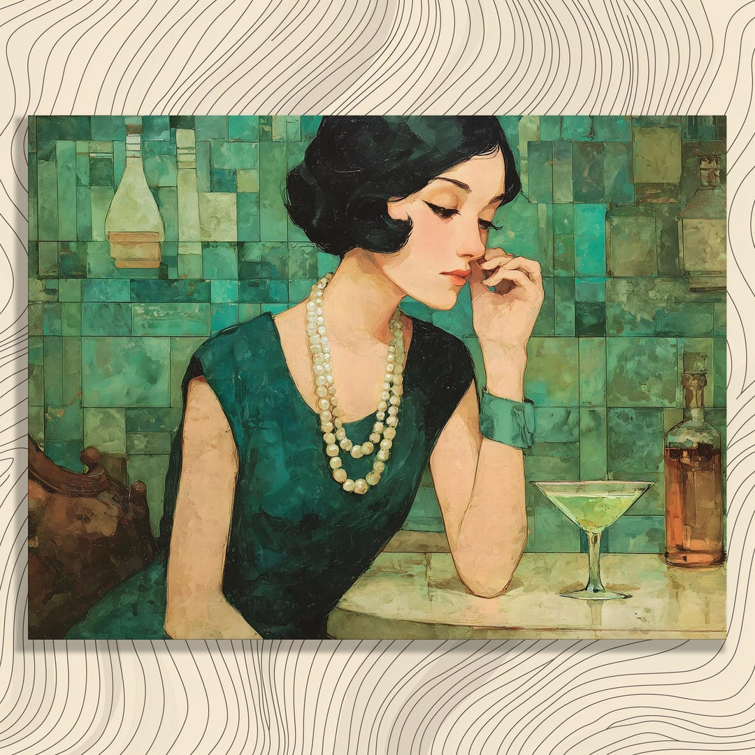 Art Deco Flapper Canvas Wall Art - Elegant Bar Scene Pearls Martini ...