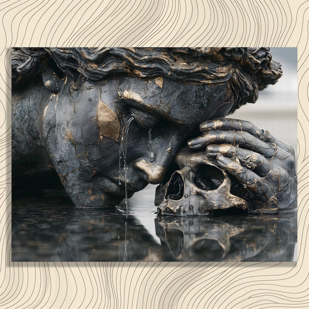 Weeping Statue and Skull Canvas Wall Art - Surreal Life and Death ...