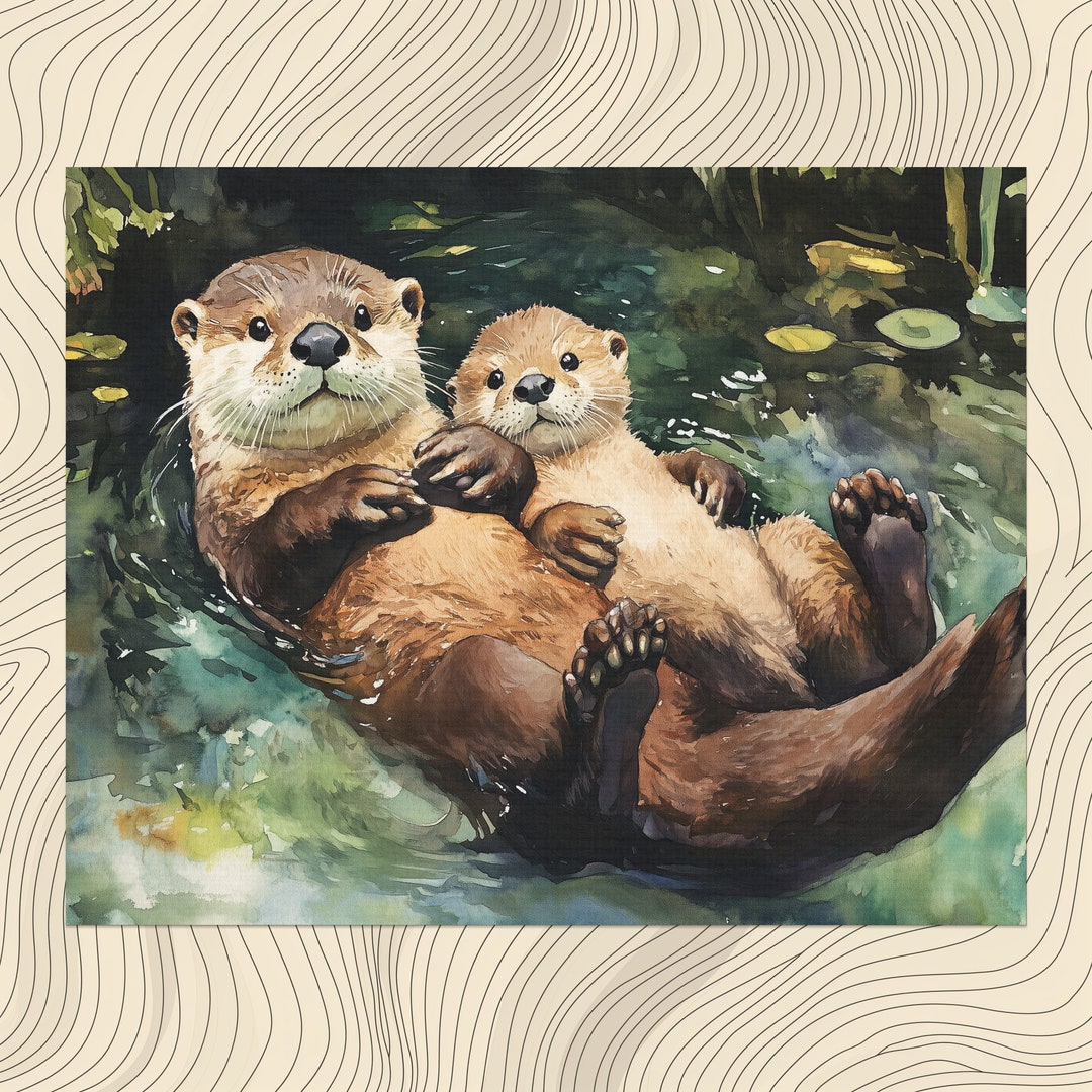 Otter Canvas Wall Art, Cute Watercolor Painting of Mom and Baby Otters ...
