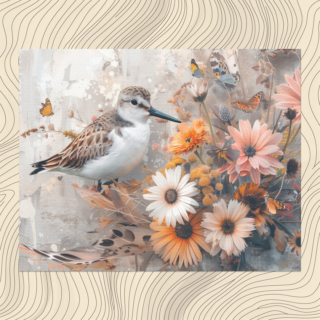 Sandpiper Canvas Wall Art, Vibrant Bird Painting With Wildflowers and ...