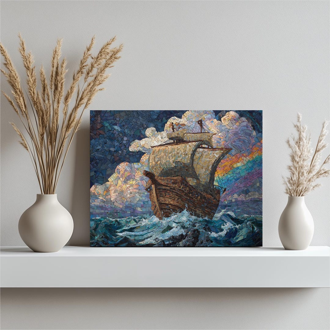 Epic Sailing Ship Canvas Wall Art – Nautical Mosaic Ocean Wave Ship ...