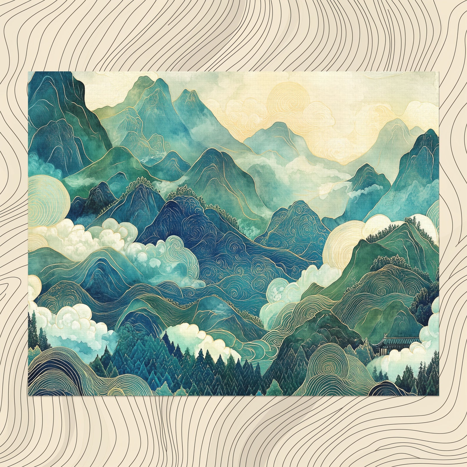 Chinese Embroidery Mountains Canvas Wall Art, Vibrant Geometric Design ...