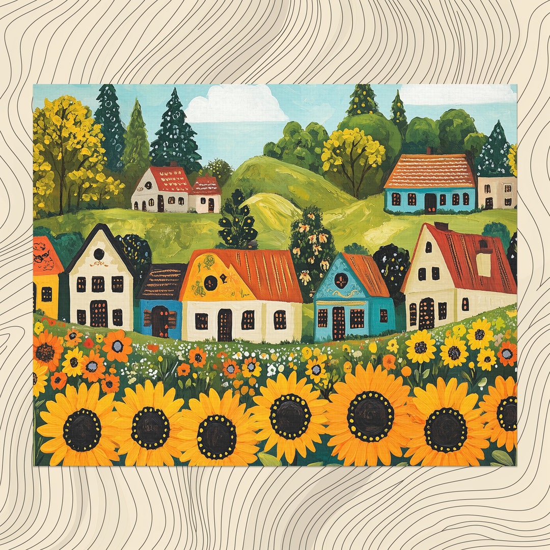 Rustic Polish Canvas Wall Art, Traditional Cottages Sunflowers ...