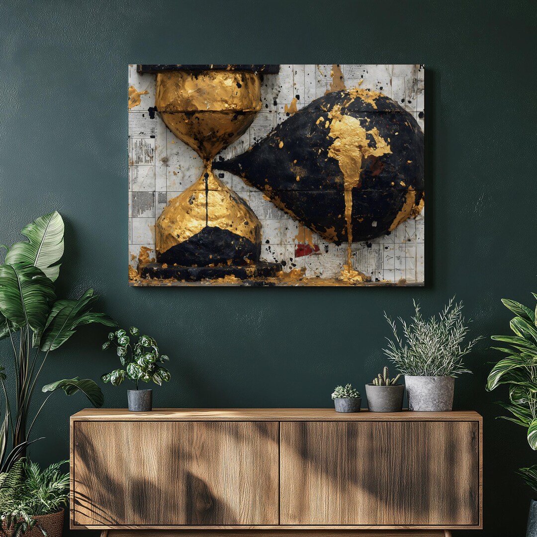 Abstract Hourglass Geometry Canvas Wall Art – Black With Gilded Gold ...
