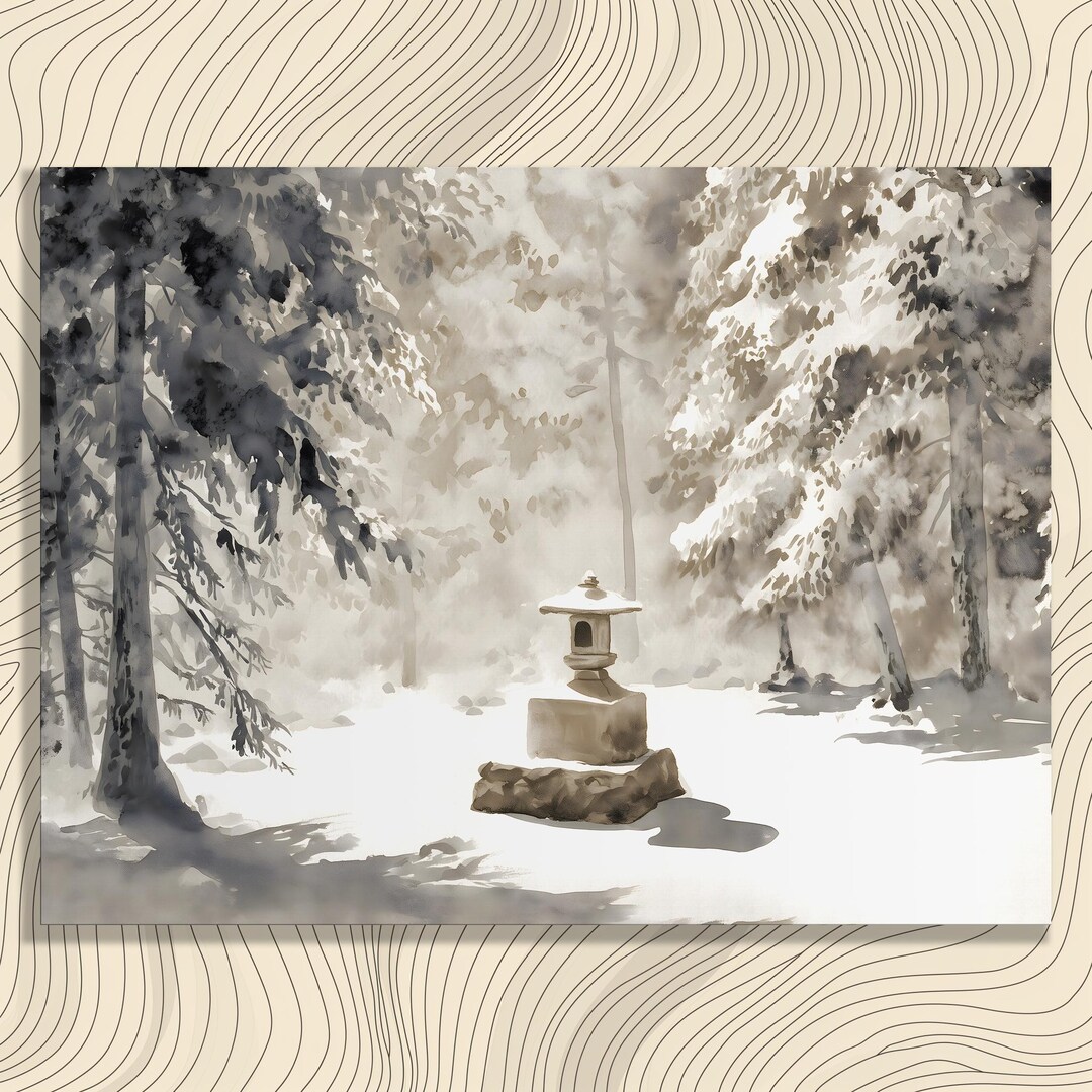 Zen Lantern Canvas Wall Art – Watercolor Winter Forest Snowy Pines ...