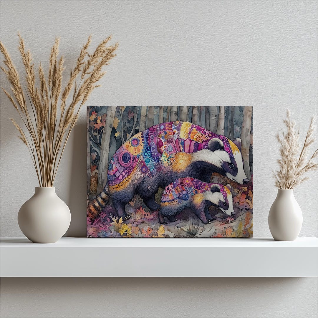 Mother Badger and Cub Watercolor Painting Canvas - Autumn Forest ...