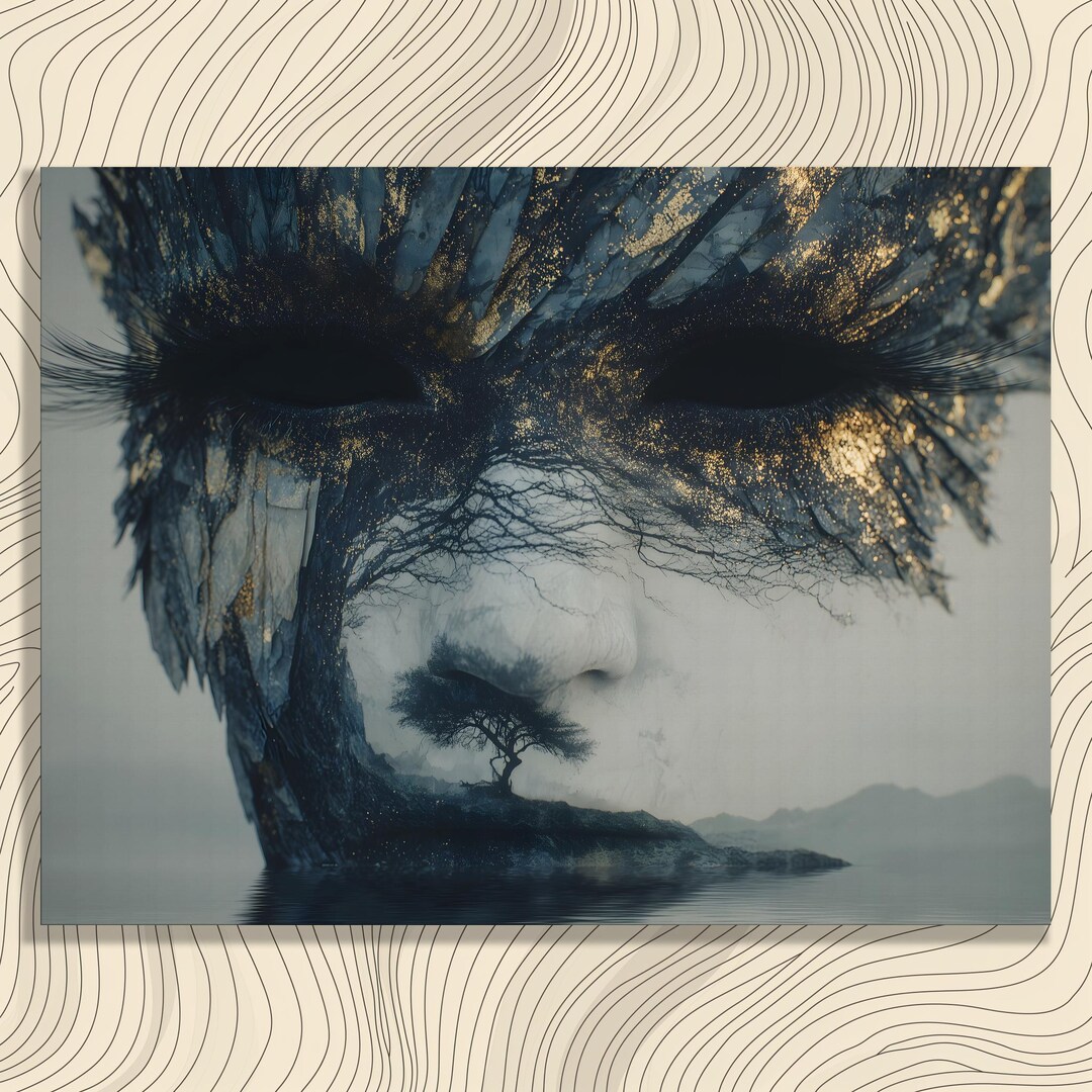 Surreal Masked Face Canvas Wall Art – Dark Gothic Dreamscape Golden ...