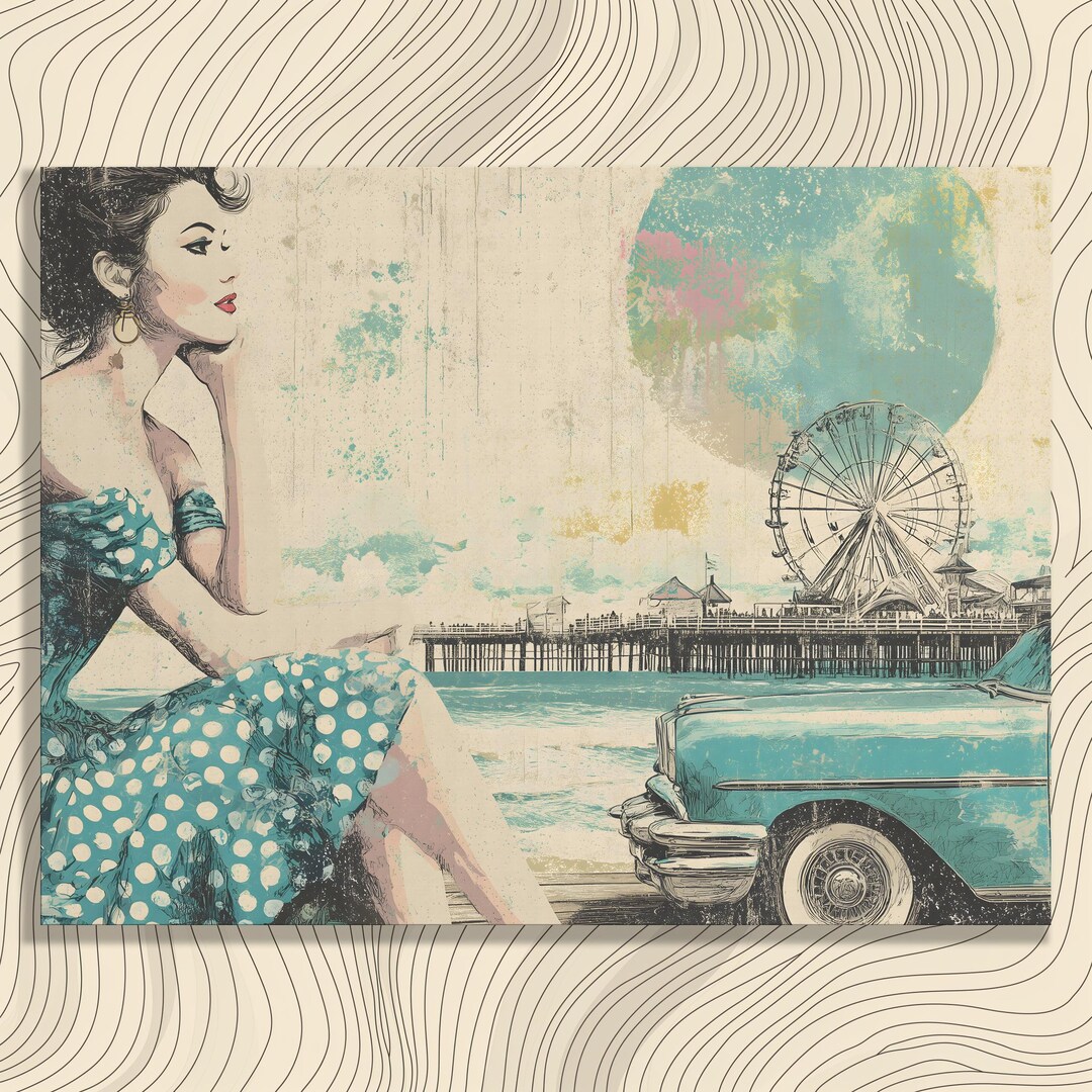 Retro Beach Boardwalk Canvas Wall Art – Mid Century Pop Art Style Giant ...