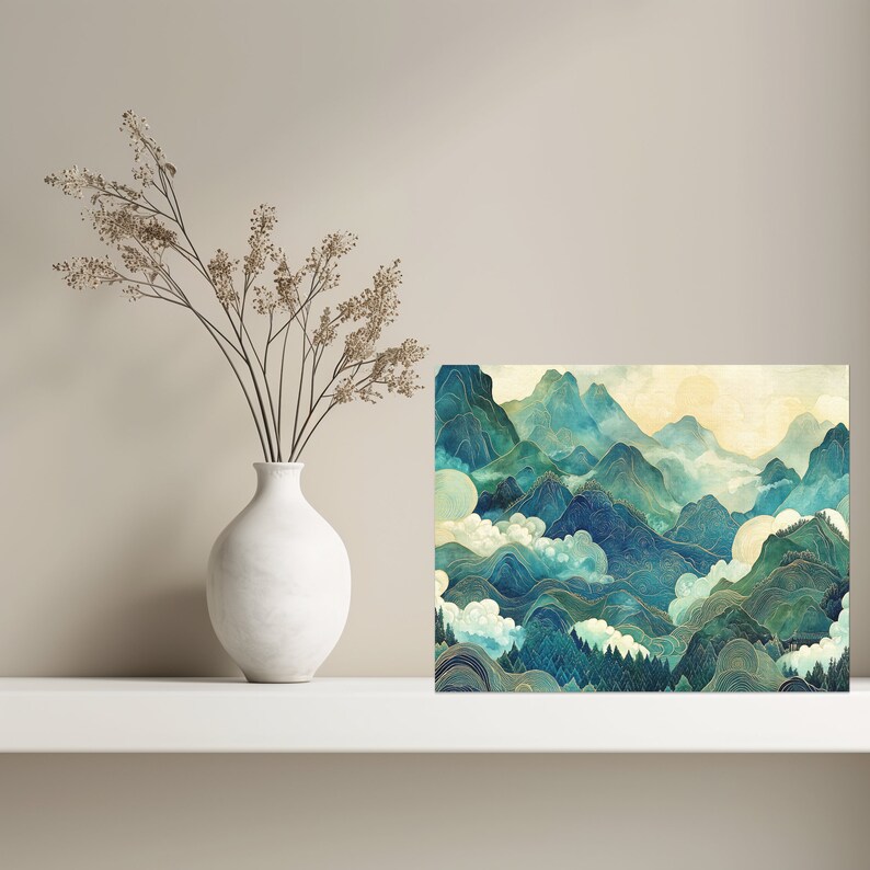Chinese Embroidery Mountains Canvas Wall Art, Vibrant Geometric Design ...