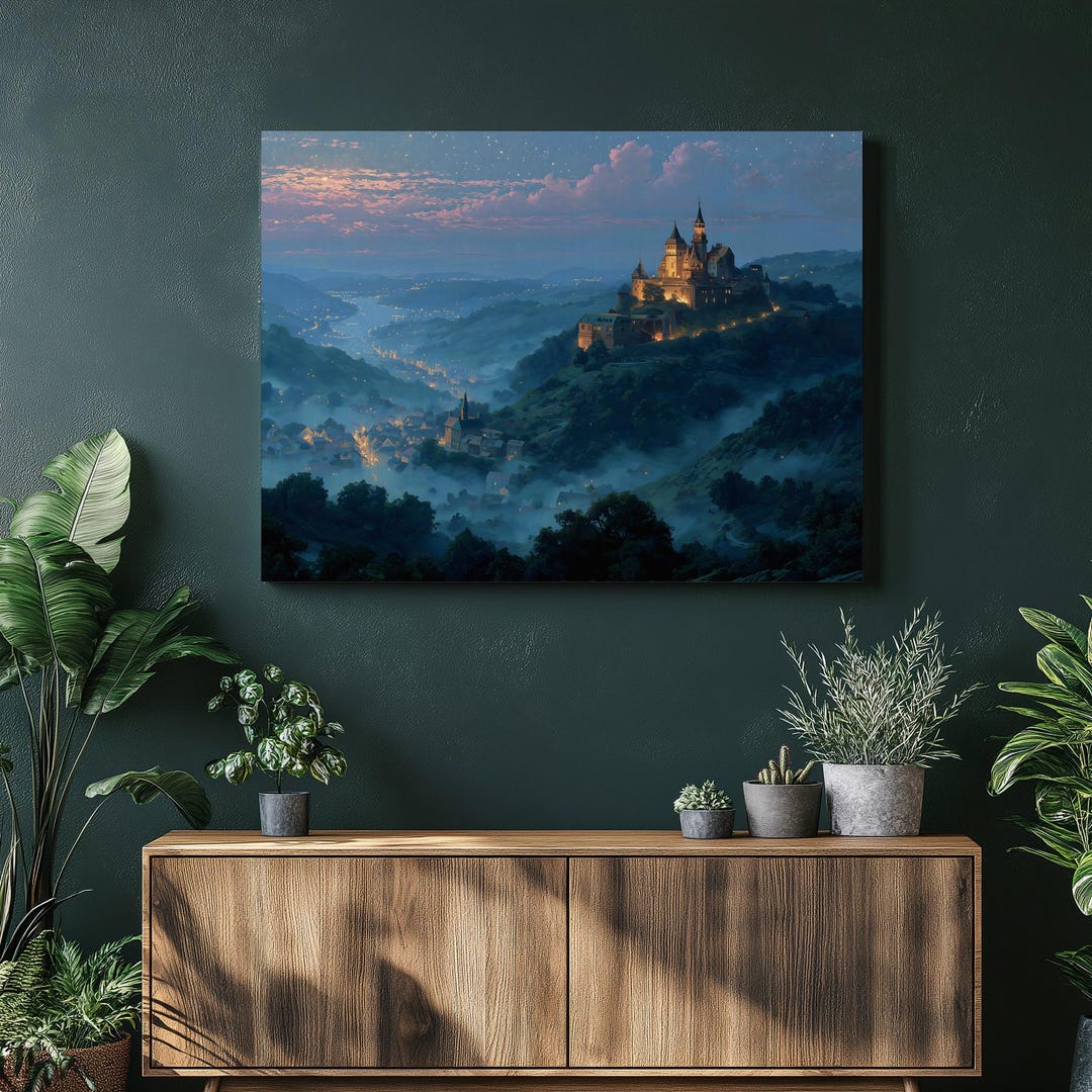 Medieval Castle Nightscape Canvas Wall Art – Moonlit Fantasy Landscape ...