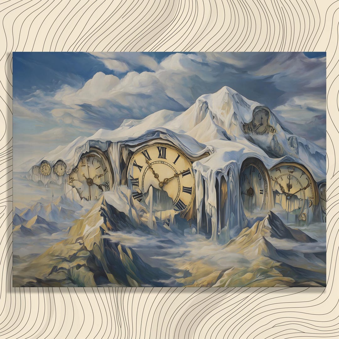 Surreal Mountain Time Canvas Wall Art – Melting Clocks Over Icy Peaks ...
