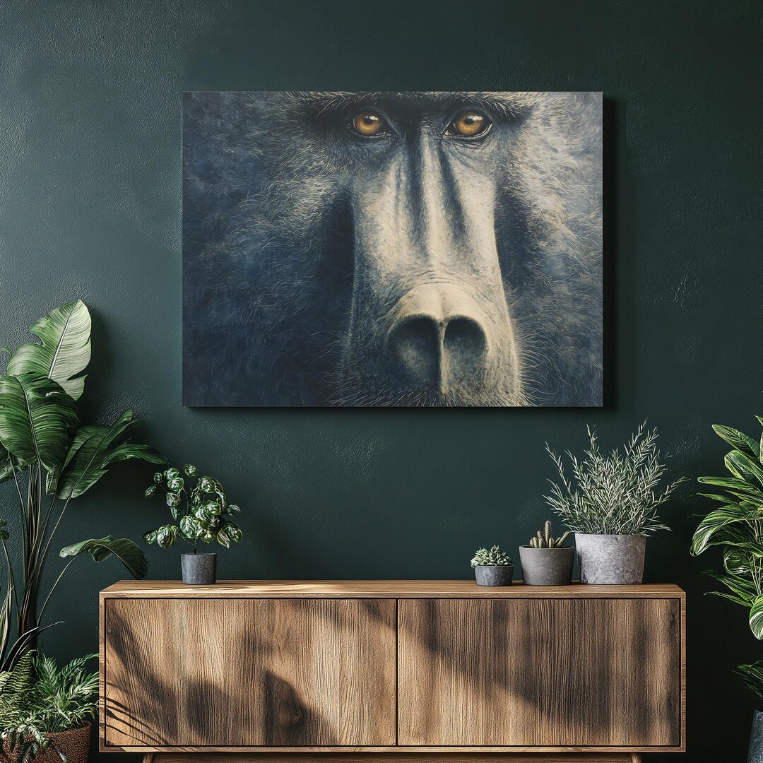 Baboon Portrait Canvas Wall Art – Dark Primate Painting Close up ...