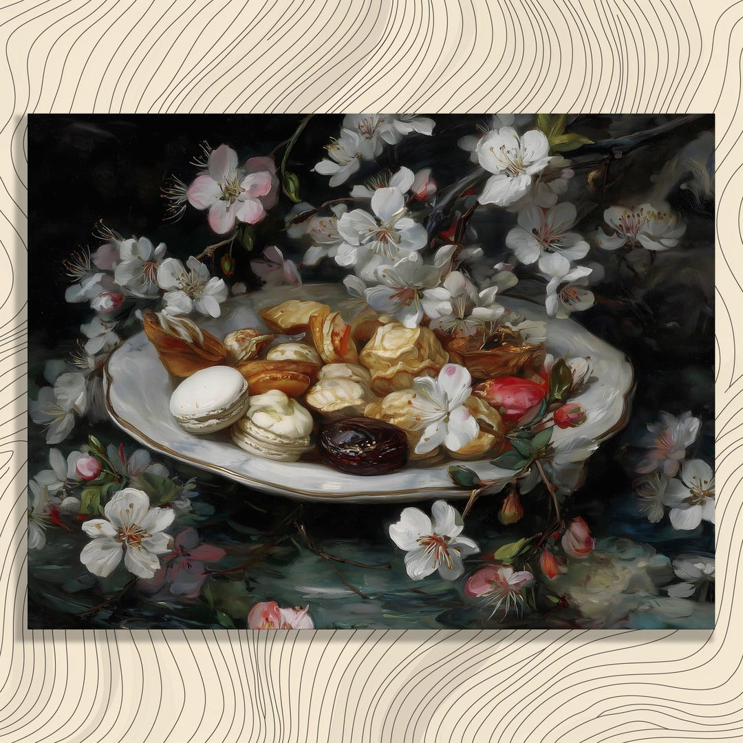 Macaron Still Life Canvas Wall Art – Romantic Floral Pastry Print ...